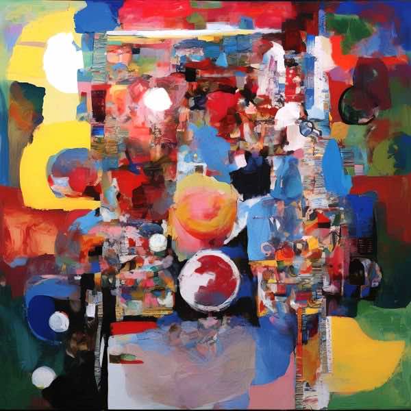 最初の商品画像がポスターの全体図です．2 番めの商品画像として中央部分の拡大図をのせています． 【GPT5/4o による解説】 (正確でない場合がありますので，ご注意ください.) この絵は，抽象表現主義の影響を強く受けた作品です． 色彩の大...