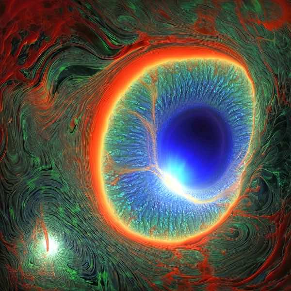 最初の商品画像がポスターの全体図です．2 番めの商品画像として中央部分の拡大図をのせています． 【GPT5/4o による解説】 (正確でない場合がありますので，ご注意ください.) この絵は中心に深い藍色の「瞳」のような核を置き，その周囲を緑...