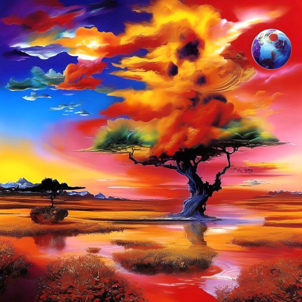 最初の商品画像がポスターの全体図です．2 番めの商品画像として中央部分の拡大図をのせています． 【GPT5/4o による解説】 (正確でない場合がありますので，ご注意ください.) この絵は，鮮やかな色彩と幻想的な風景が特徴的で，シュルレアリ...