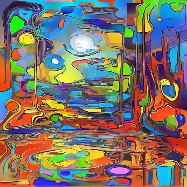 最初の商品画像がポスターの全体図です．2 番めの商品画像として中央部分の拡大図をのせています． 【GPT5/4o による解説】 (正確でない場合がありますので，ご注意ください.) この絵は，抽象表現主義やオルフィスムの影響を受けた作品のよう...