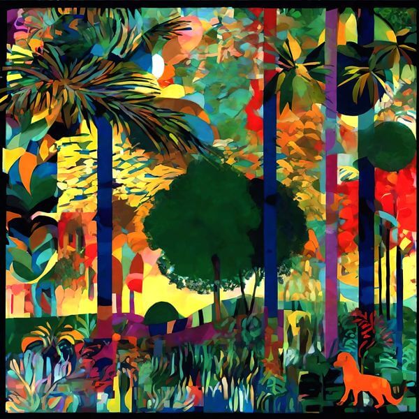 最初の商品画像がポスターの全体図です．2 番めの商品画像として中央部分の拡大図をのせています． 【GPT5/4o による解説】 (正確でない場合がありますので，ご注意ください.) この絵は，鮮やかな色彩と大胆な形状が特徴的で，アンリ・ルソー...