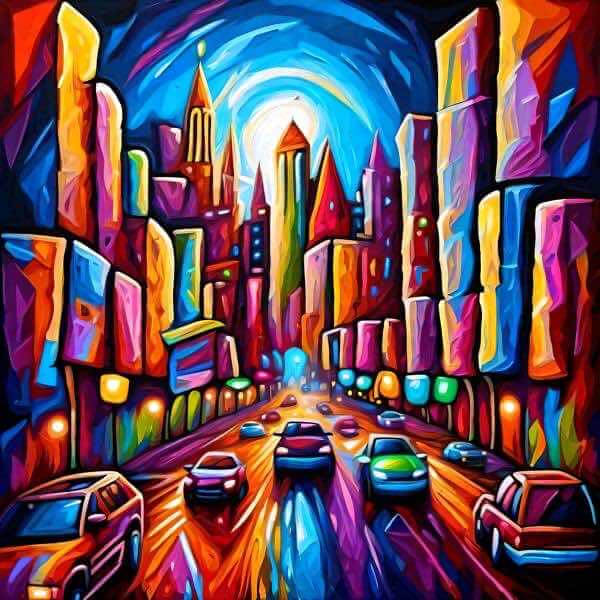 最初の商品画像がポスターの全体図です．2 番めの商品画像として中央部分の拡大図をのせています． 【GPT5/4o による解説】 (正確でない場合がありますので，ご注意ください.) この絵は夜の都市を，強い色とかたまりで押し出すように描いてい...