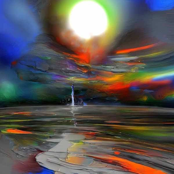 最初の商品画像がポスターの全体図です．2 番めの商品画像として中央部分の拡大図をのせています． 【GPT5/4o による解説】 (正確でない場合がありますので，ご注意ください.) 本作は巨大な光源が天空を染め上げ，海面に鮮烈な反射を落とすド...