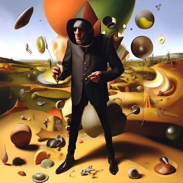 最初の商品画像がポスターの全体図です．2 番めの商品画像として中央部分の拡大図をのせています． 【GPT5/4o による解説】 (正確でない場合がありますので，ご注意ください.) 砂色の起伏する原野に，球体や皿状の物体が風船のように浮遊し，...