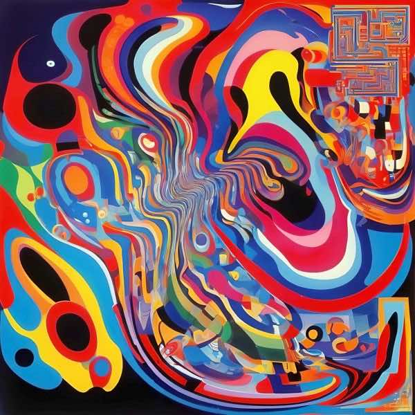 最初の商品画像がポスターの全体図です．2 番めの商品画像として中央部分の拡大図をのせています． 【GPT5/4o による解説】 (正確でない場合がありますので，ご注意ください.) この絵は，原色を中心にした色の帯が渦のように絡み合い，画面全...