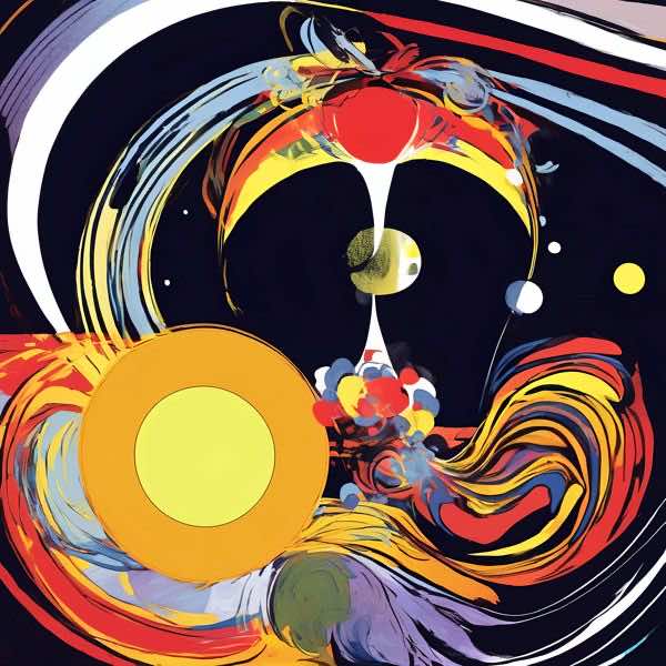 最初の商品画像がポスターの全体図です．2 番めの商品画像として中央部分の拡大図をのせています． 【GPT5/4o による解説】 (正確でない場合がありますので，ご注意ください.) この絵は，抽象表現主義やカンディンスキーの影響を受けた作品の...