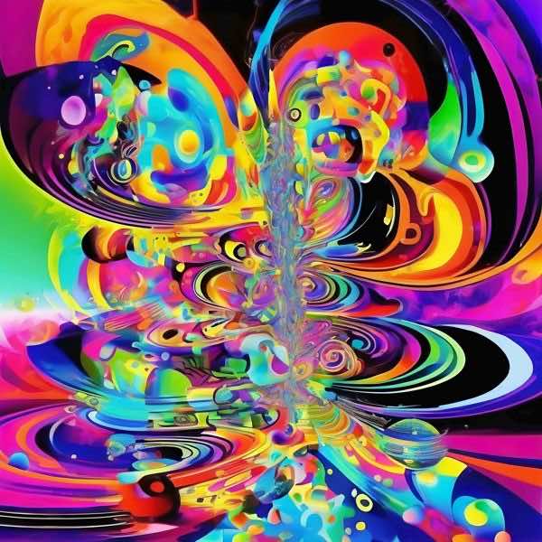 最初の商品画像がポスターの全体図です．2 番めの商品画像として中央部分の拡大図をのせています． 【GPT5/4o による解説】 (正確でない場合がありますので，ご注意ください.) 画面いっぱいに飽和した蛍光色が渦を巻き，中心から外縁へと波紋...