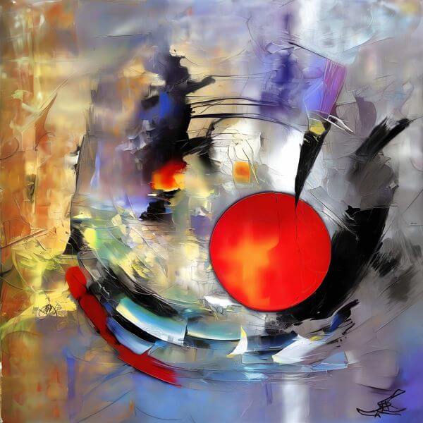 最初の商品画像がポスターの全体図です．2 番めの商品画像として中央部分の拡大図をのせています． 【GPT5/4o による解説】 (正確でない場合がありますので，ご注意ください.) 中心に配された鮮烈な赤い円を軸に，黒い勢いのある筆致と多様な...