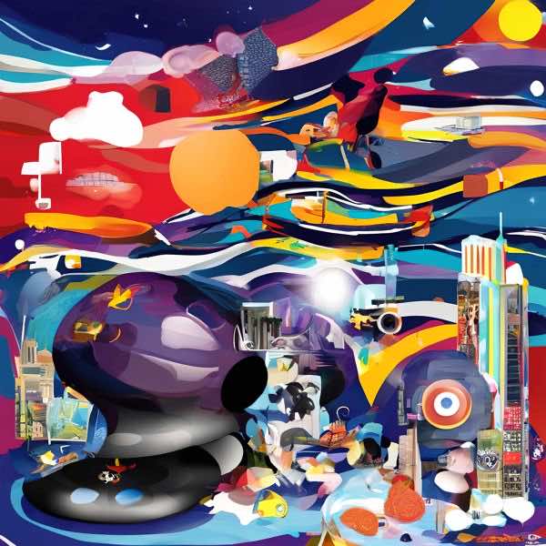 最初の商品画像がポスターの全体図です．2 番めの商品画像として中央部分の拡大図をのせています． 【GPT5/4o による解説】 (正確でない場合がありますので，ご注意ください.) この絵は，ポップアートとシュルレアリスムの影響を受けた作品の...