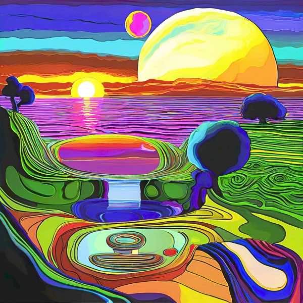 最初の商品画像がポスターの全体図です．2 番めの商品画像として中央部分の拡大図をのせています． 【GPT5/4o による解説】 (正確でない場合がありますので，ご注意ください.) この絵は，手前の有機的な曲線と中央の円形の水盤，そこから流れ...