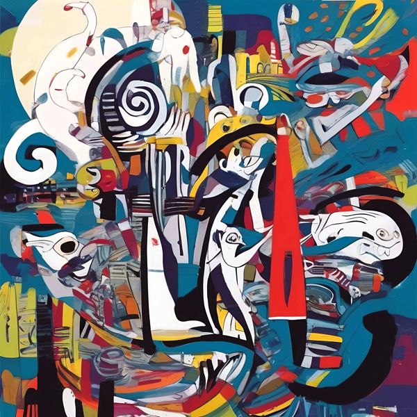 最初の商品画像がポスターの全体図です．2 番めの商品画像として中央部分の拡大図をのせています． 【GPT5/4o による解説】 (正確でない場合がありますので，ご注意ください.) この絵は，カラフルでダイナミックな抽象表現が特徴的です． 色...