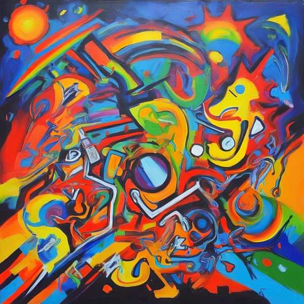 最初の商品画像がポスターの全体図です．2 番めの商品画像として中央部分の拡大図をのせています． 【GPT5/4o による解説】 (正確でない場合がありますので，ご注意ください.) この絵は，強い原色と太い輪郭が渦を巻くように交差し，画面全体...