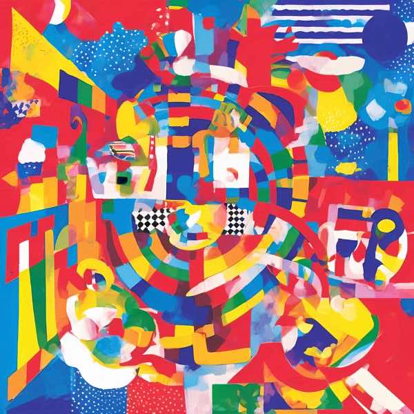 最初の商品画像がポスターの全体図です．2 番めの商品画像として中央部分の拡大図をのせています． 【GPT5/4o による解説】 (正確でない場合がありますので，ご注意ください.) この絵は，鮮やかな色彩と幾何学的な形状が特徴的で，抽象芸術の...