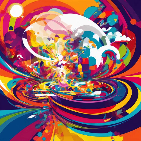 最初の商品画像がポスターの全体図です．2 番めの商品画像として中央部分の拡大図をのせています． 【GPT5/4o による解説】 (正確でない場合がありますので，ご注意ください.) 本作は鮮烈な色彩と流線的な構図が一体となり，中央の白い球体を...