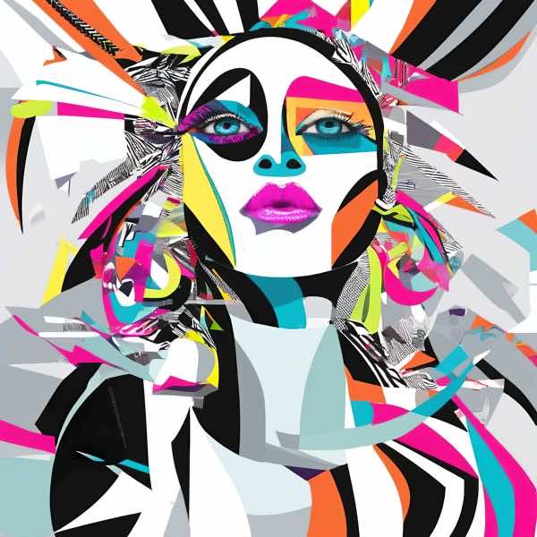 最初の商品画像がポスターの全体図です．2 番めの商品画像として中央部分の拡大図をのせています． 【GPT5/4o による解説】 (正確でない場合がありますので，ご注意ください.) 本作は一人の顔を大胆に抽象化したポートレートで，幾何学的な色...