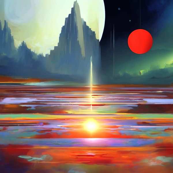 最初の商品画像がポスターの全体図です．2 番めの商品画像として中央部分の拡大図をのせています． 【GPT5/4o による解説】 (正確でない場合がありますので，ご注意ください.) この絵は，幻想的で超現実的な風景を描いており，サイエンスフィ...