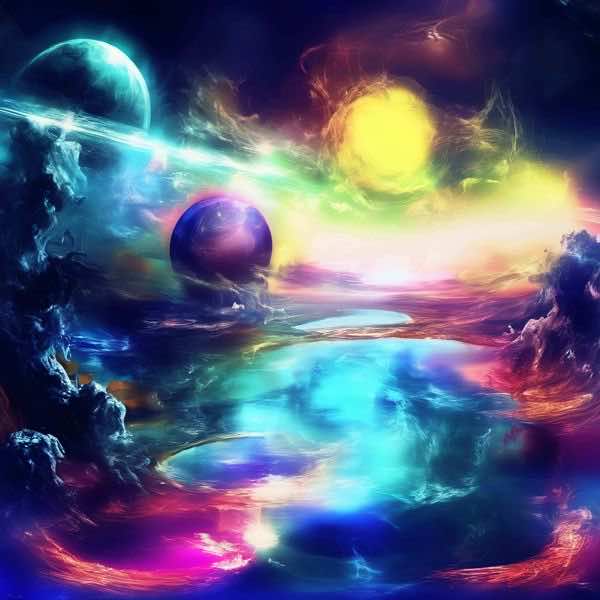 最初の商品画像がポスターの全体図です．2 番めの商品画像として中央部分の拡大図をのせています． 【GPT5/4o による解説】 (正確でない場合がありますので，ご注意ください.) この作品は，鮮烈なネオンのような色彩と流動的な筆致で宇宙的な...