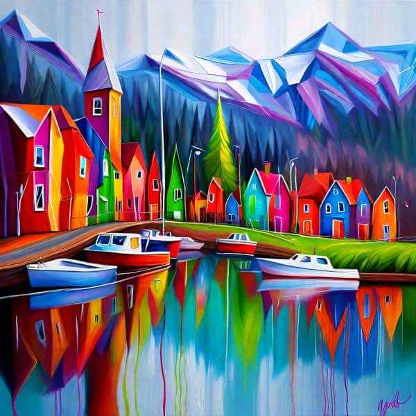 最初の商品画像がポスターの全体図です．2 番めの商品画像として中央部分の拡大図をのせています． 【GPT5/4o による解説】 (正確でない場合がありますので，ご注意ください.) この絵は，山並みを背にした小さな港町を，青や赤，黄などの強い...