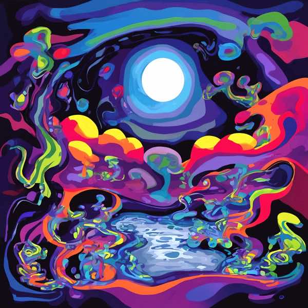 最初の商品画像がポスターの全体図です．2 番めの商品画像として中央部分の拡大図をのせています． 【GPT5/4o による解説】 (正確でない場合がありますので，ご注意ください.) この絵は，サイケデリックアートの影響を強く受けた作品です． ...