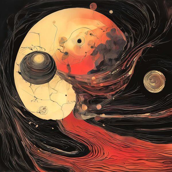 最初の商品画像がポスターの全体図です．2 番めの商品画像として中央部分の拡大図をのせています． 【GPT5/4o による解説】 (正確でない場合がありますので，ご注意ください.) 大きな円形と赤黒の対比がまず眼を引きます． 満ち欠けする天体...