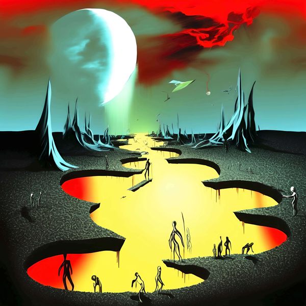 最初の商品画像がポスターの全体図です．2 番めの商品画像として中央部分の拡大図をのせています． 【GPT5/4o による解説】 (正確でない場合がありますので，ご注意ください.) この作品は，巨大な月が淡く照らす空と血のように赤い雲，そして...