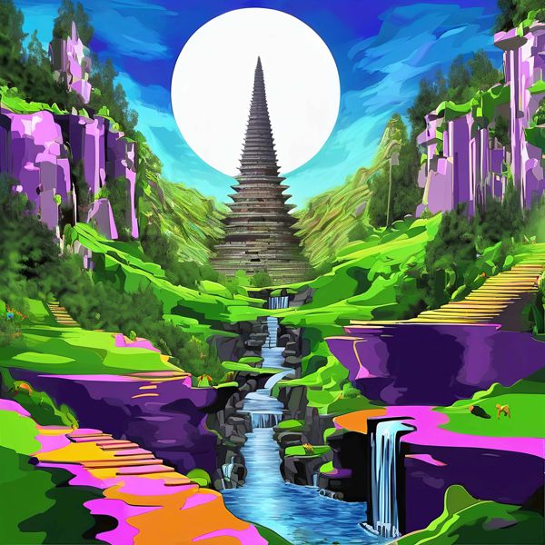 最初の商品画像がポスターの全体図です．2 番めの商品画像として中央部分の拡大図をのせています． 【GPT5/4o による解説】 (正確でない場合がありますので，ご注意ください.) この絵は，幻想的でカラフルな風景を描いており，印象派やシュル...