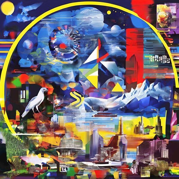 最初の商品画像がポスターの全体図です．2 番めの商品画像として中央部分の拡大図をのせています． 【GPT5/4o による解説】 (正確でない場合がありますので，ご注意ください.) この作品は円環で区切られた「窓」を通して，宇宙的な蒼と都市の...