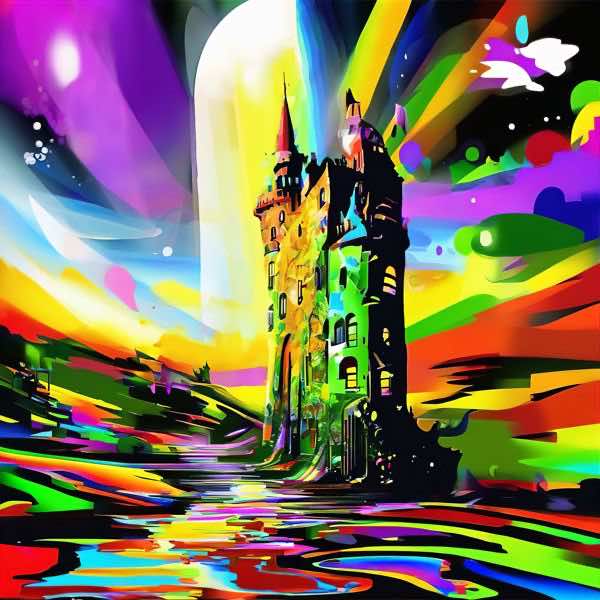 最初の商品画像がポスターの全体図です．2 番めの商品画像として中央部分の拡大図をのせています． 【GPT5/4o による解説】 (正確でない場合がありますので，ご注意ください.) この作品は，鋭い塔を中心に光と色が奔流のように広がる画面構成...