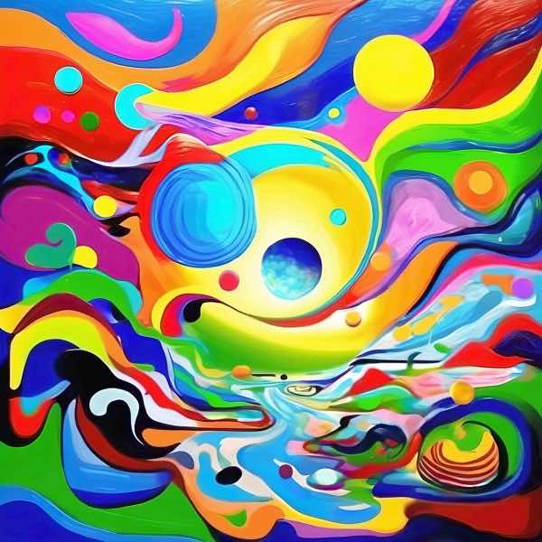 最初の商品画像がポスターの全体図です．2 番めの商品画像として中央部分の拡大図をのせています． 【GPT5/4o による解説】 (正確でない場合がありますので，ご注意ください.) この絵は，カンディンスキーやミロの影響を受けた抽象表現主義の...