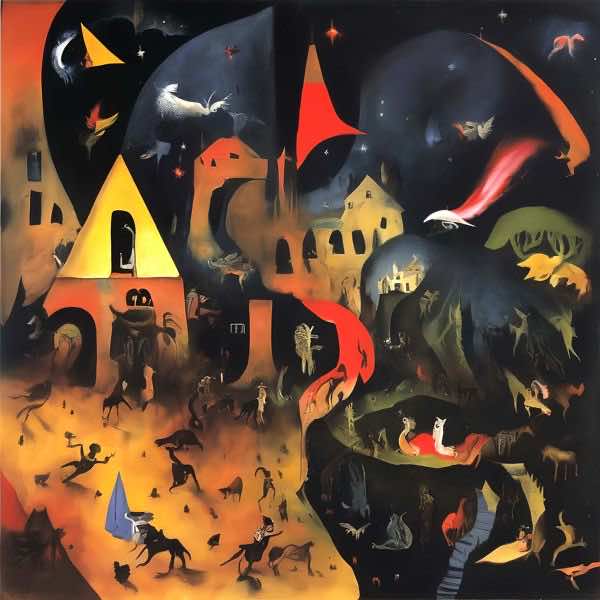 最初の商品画像がポスターの全体図です．2 番めの商品画像として中央部分の拡大図をのせています． 【GPT5/4o による解説】 (正確でない場合がありますので，ご注意ください.) この絵は，夜の町と森が一枚の幕のようにつながり，夢の中を歩く...