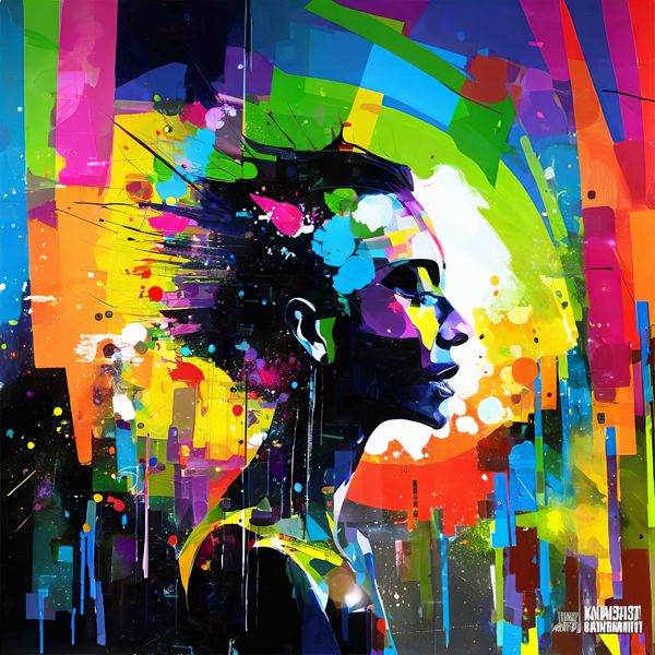 最初の商品画像がポスターの全体図です．2 番めの商品画像として中央部分の拡大図をのせています． 【GPT5/4o による解説】 (正確でない場合がありますので，ご注意ください.) この絵は横向きの人物像を中心に，黒に近い影の輪郭と，周囲に飛...