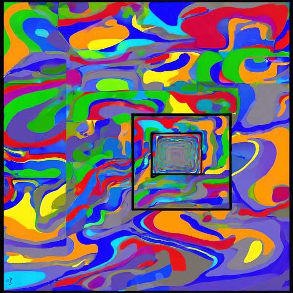 最初の商品画像がポスターの全体図です．2 番めの商品画像として中央部分の拡大図をのせています． 【GPT5/4o による解説】 (正確でない場合がありますので，ご注意ください.) この絵は，鮮やかな色彩と流れるような形状が特徴的で，抽象表現...