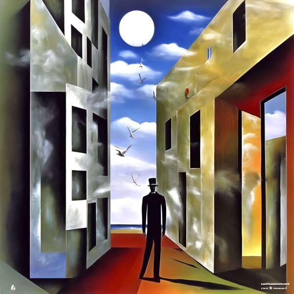 最初の商品画像がポスターの全体図です．2 番めの商品画像として中央部分の拡大図をのせています． 【GPT5/4o による解説】 (正確でない場合がありますので，ご注意ください.) この絵は，ジョルジョ・デ・キリコの影響を受けた作品のように見...