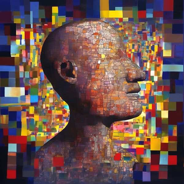 最初の商品画像がポスターの全体図です．2 番めの商品画像として中央部分の拡大図をのせています． 【GPT5/4o による解説】 (正確でない場合がありますので，ご注意ください.) 本作は横顔の人物像を幾何学的なタイルと細かな網目で描き，人体...