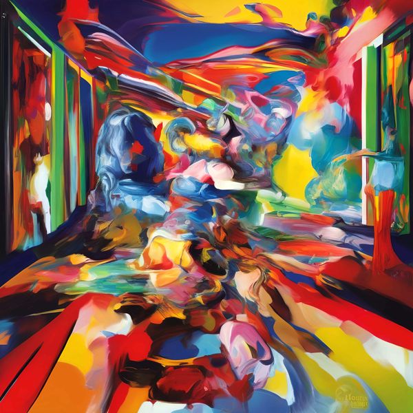 最初の商品画像がポスターの全体図です．2 番めの商品画像として中央部分の拡大図をのせています． 【GPT5/4o による解説】 (正確でない場合がありますので，ご注意ください.) この絵は，赤や黄，青などの強い色が帯のように流れ込み，中央で...