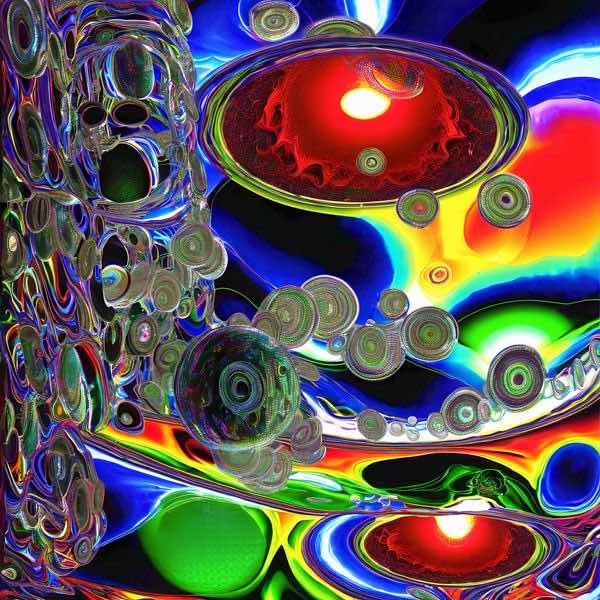 最初の商品画像がポスターの全体図です．2 番めの商品画像として中央部分の拡大図をのせています． 【GPT5/4o による解説】 (正確でない場合がありますので，ご注意ください.) この作品は，鮮烈な原色と滑らかなガラス質の球体が重なり合うこ...