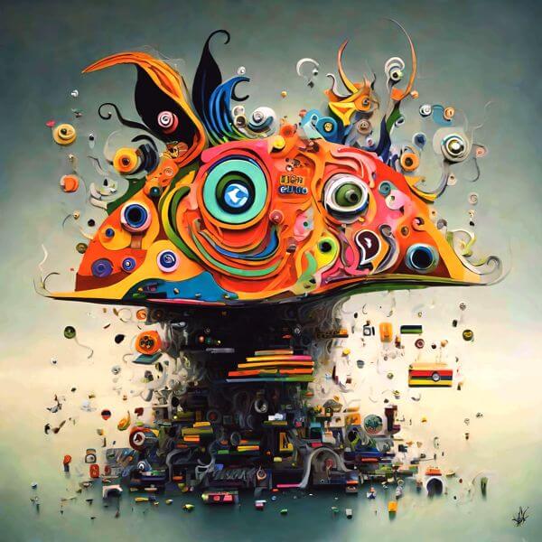 最初の商品画像がポスターの全体図です．2 番めの商品画像として中央部分の拡大図をのせています． 【GPT5/4o による解説】 (正確でない場合がありますので，ご注意ください.) この絵は，シュルレアリスムとポップアートの影響を受けた作品の...