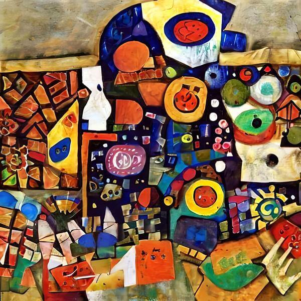 最初の商品画像がポスターの全体図です．2 番めの商品画像として中央部分の拡大図をのせています． 【GPT5/4o による解説】 (正確でない場合がありますので，ご注意ください.) この絵は，色と形の遊びを前面に出した抽象画です． 丸や四角，...