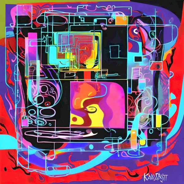 最初の商品画像がポスターの全体図です．2 番めの商品画像として中央部分の拡大図をのせています． 【GPT5/4o による解説】 (正確でない場合がありますので，ご注意ください.) この絵は，まぶしい赤や紫，シアンが黒の上に重なり，四角い枠や...