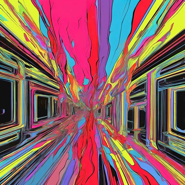 最初の商品画像がポスターの全体図です．2 番めの商品画像として中央部分の拡大図をのせています． 【GPT5/4o による解説】 (正確でない場合がありますので，ご注意ください.) この絵は，サイケデリックアートや抽象表現主義の影響を受けてい...