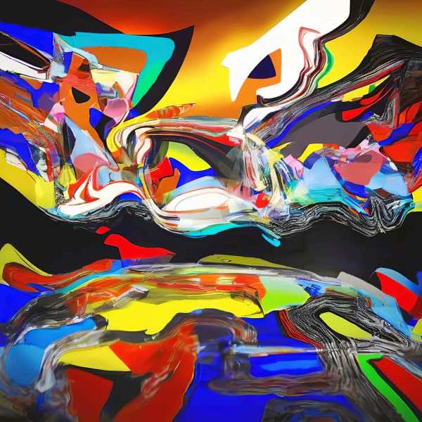 最初の商品画像がポスターの全体図です．2 番めの商品画像として中央部分の拡大図をのせています． 【GPT5/4o による解説】 (正確でない場合がありますので，ご注意ください.) この絵は，抽象表現主義やキュビズムの影響を受けた作品のように...