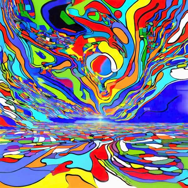 最初の商品画像がポスターの全体図です．2 番めの商品画像として中央部分の拡大図をのせています． 【GPT5/4o による解説】 (正確でない場合がありますので，ご注意ください.) この作品は極彩色の色面と流れるような輪郭線で描かれた抽象的な...