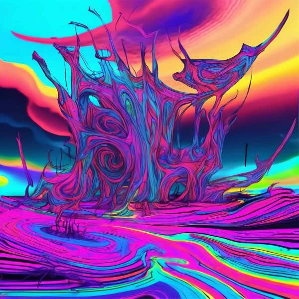 最初の商品画像がポスターの全体図です．2 番めの商品画像として中央部分の拡大図をのせています． 【GPT5/4o による解説】 (正確でない場合がありますので，ご注意ください.) この絵は，発光するシアンやマゼンタ，イエローが波のように層を...