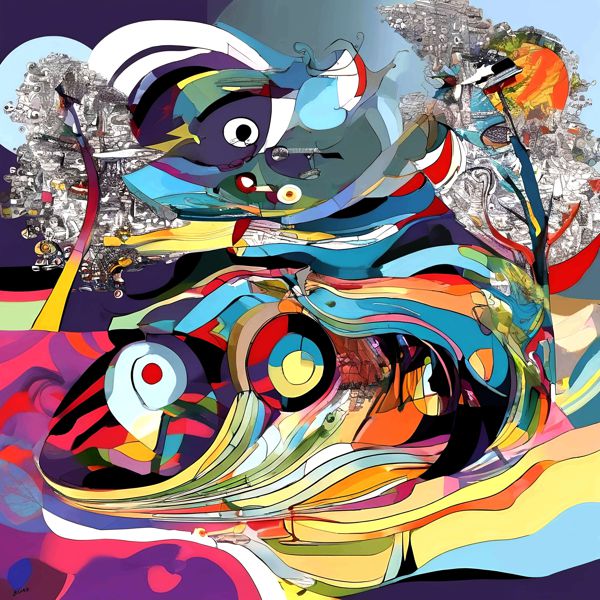 最初の商品画像がポスターの全体図です．2 番めの商品画像として中央部分の拡大図をのせています． 【GPT5/4o による解説】 (正確でない場合がありますので，ご注意ください.) この作品は鮮烈な色彩と流れるような有機的な線が絶えず入れ替わ...