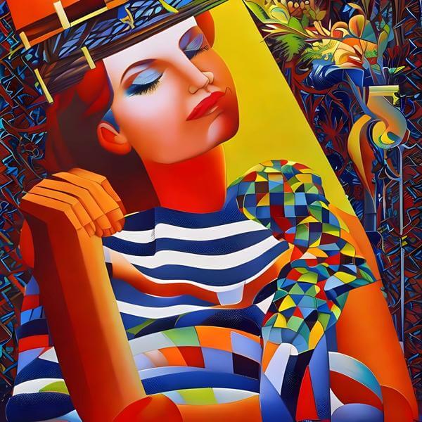 最初の商品画像がポスターの全体図です．2 番めの商品画像として中央部分の拡大図をのせています． 【GPT5/4o による解説】 (正確でない場合がありますので，ご注意ください.) この絵は，目を閉じた人物が帽子に手を添え，静かに休む瞬間を描...