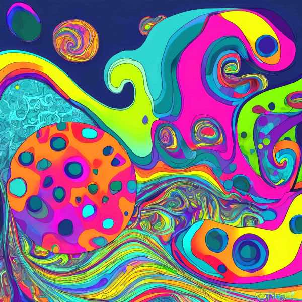 最初の商品画像がポスターの全体図です．2 番めの商品画像として中央部分の拡大図をのせています． 【GPT5/4o による解説】 (正確でない場合がありますので，ご注意ください.) この絵は，サイケデリックアートの影響を強く受けた作品です． ...