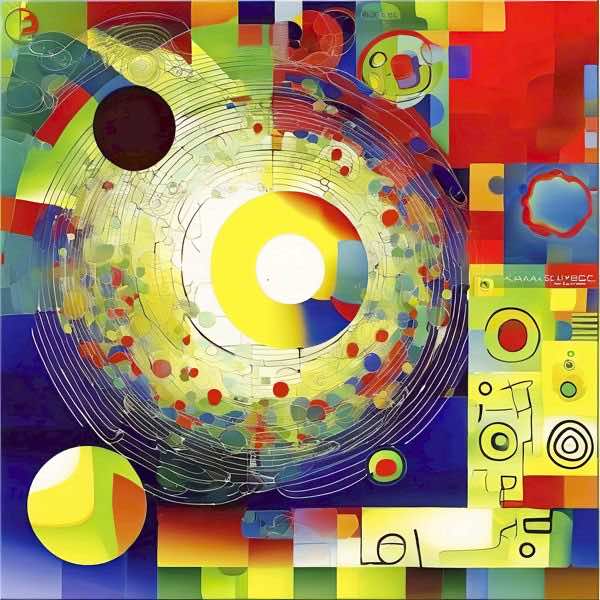 最初の商品画像がポスターの全体図です．2 番めの商品画像として中央部分の拡大図をのせています． 【GPT5/4o による解説】 (正確でない場合がありますので，ご注意ください.) 中央に光を放つ円環が層状に重なり，らせん状の細線と散在する色...