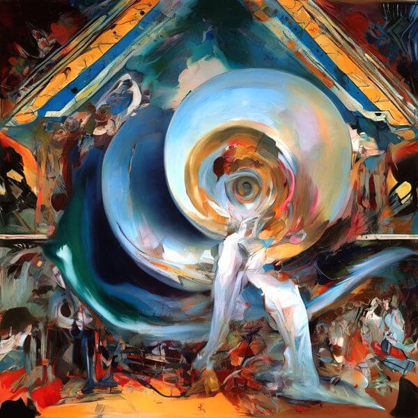 最初の商品画像がポスターの全体図です．2 番めの商品画像として中央部分の拡大図をのせています． 【GPT5/4o による解説】 (正確でない場合がありますので，ご注意ください.) この作品は中心に渦を巻く円形のモチーフを据え，貝殻のような螺...