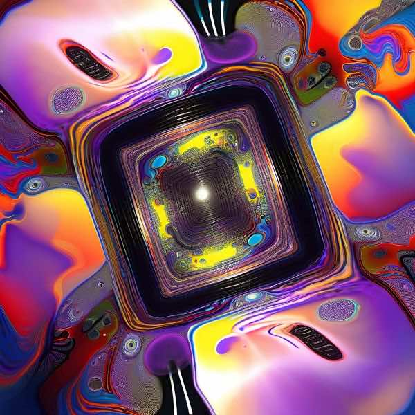 最初の商品画像がポスターの全体図です．2 番めの商品画像として中央部分の拡大図をのせています． 【GPT5/4o による解説】 (正確でない場合がありますので，ご注意ください.) 画面中央に吸い込まれるような矩形の渦が据えられ，紫や黄の輝度...