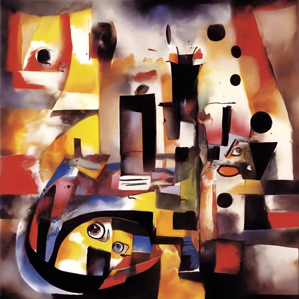 最初の商品画像がポスターの全体図です．2 番めの商品画像として中央部分の拡大図をのせています． 【GPT5/4o による解説】 (正確でない場合がありますので，ご注意ください.) この絵は鮮やかな色彩と断片化された平面が複雑に折り重なり，円...